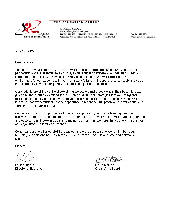 2018-2019 Year-End Letter to Families from YRDSB – Ventura Park PS BLOG